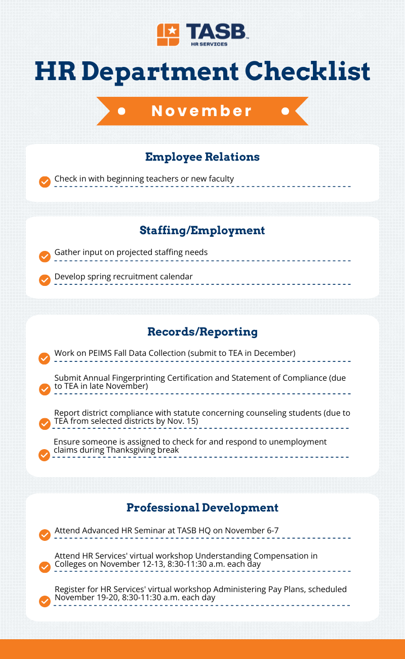 HR Department Checklist for November | TASB